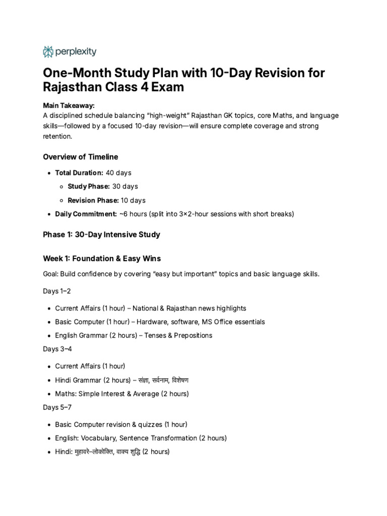 Rajasthan Class 4 Exam Study Plan | PDF | Learning