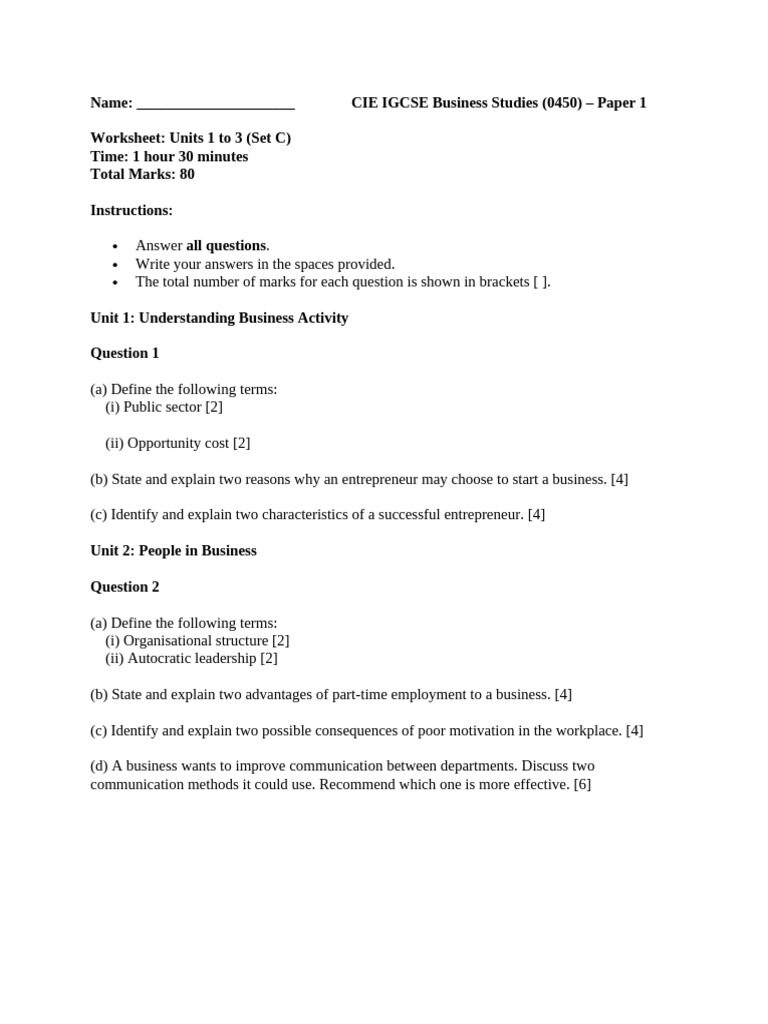 Set C CIE Business IGCSE Business Studies Unit 1 To Unit 3 Sample Exam ...