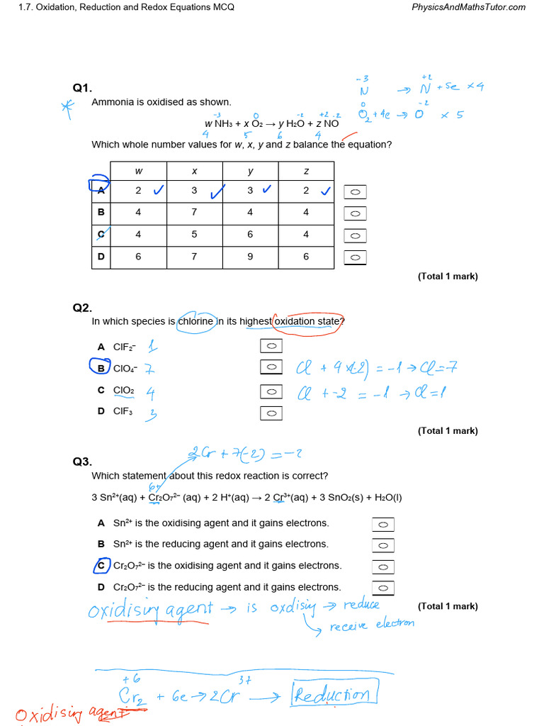 Oxidation, Reduction and Redox Equations MCQ QP | PDF | Redox ...