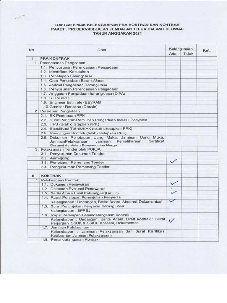 Cek Lis Kelengkapan Dokumen Preservasi | PDF