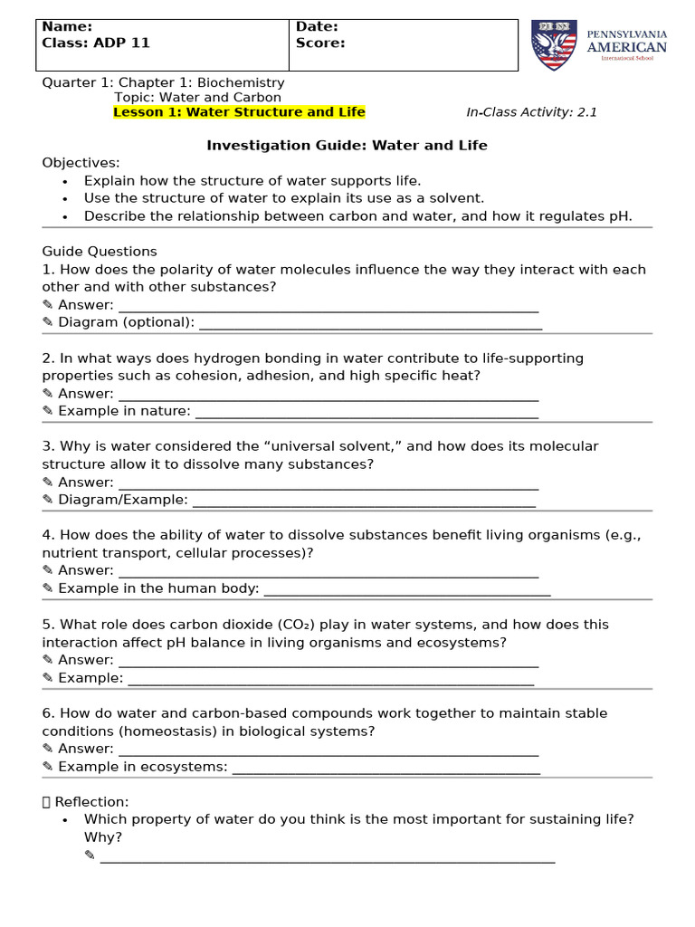 Bio11 - Q1W2 - In-Class Activity 4 - Water Structure and Life | PDF ...