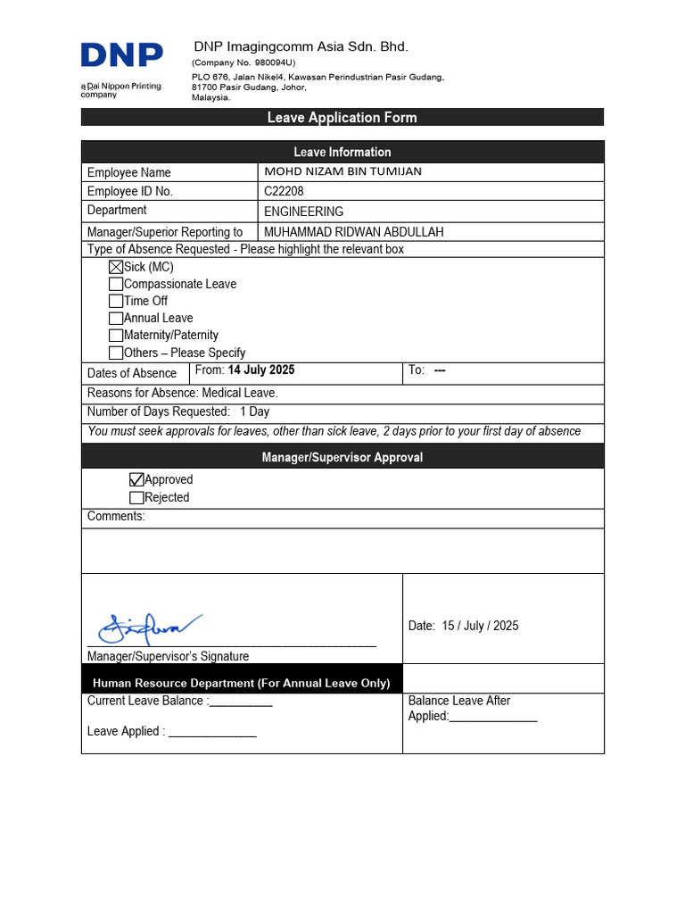 Nizam 14072025 MC Leave - Signed | PDF