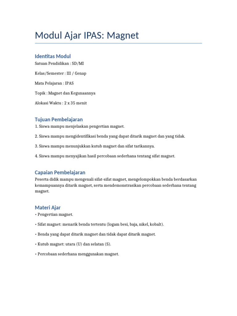 Modul Ajar IPAS: Sifat dan Kegunaan Magnet | PDF