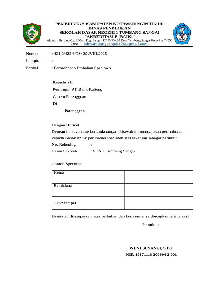 Surat Permohonan Pergantian Specimen | PDF