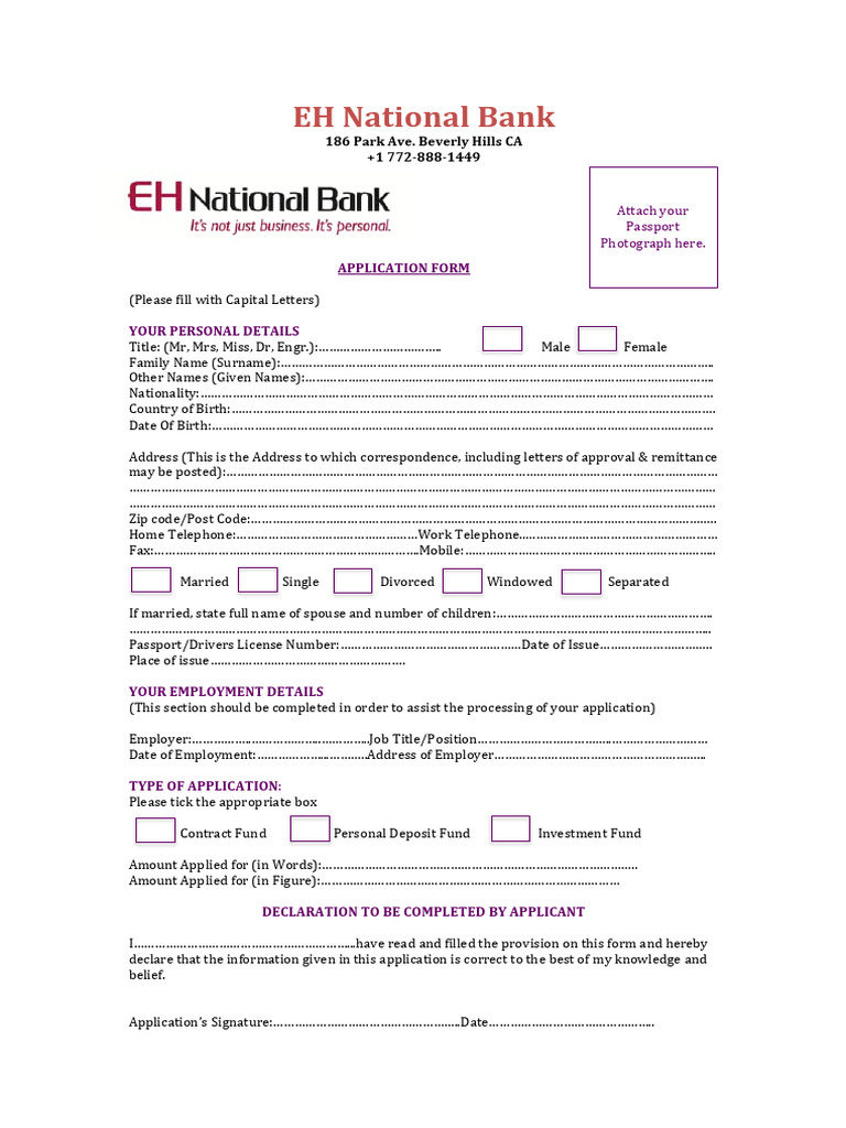 EH National Bank Application Form | PDF