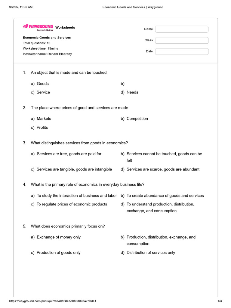 Economic Goods and Services Worksheets | PDF | Goods | Market (Economics)