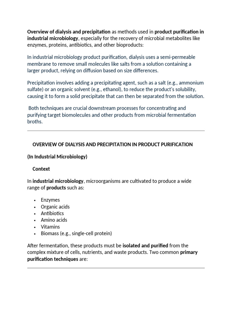 Overview of Dialysis and Precipitation As Methods Used in Product ...