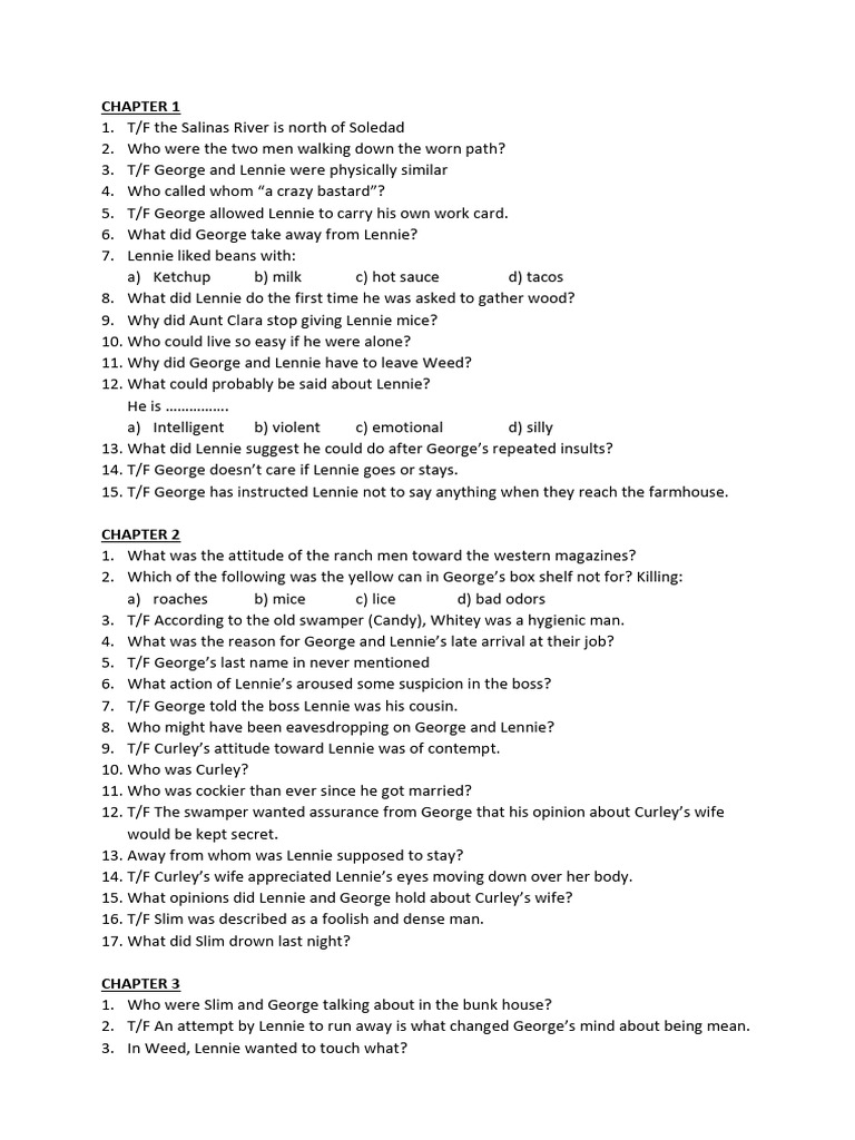 "Of Mice and Men Chapter Quiz Questions" | PDF