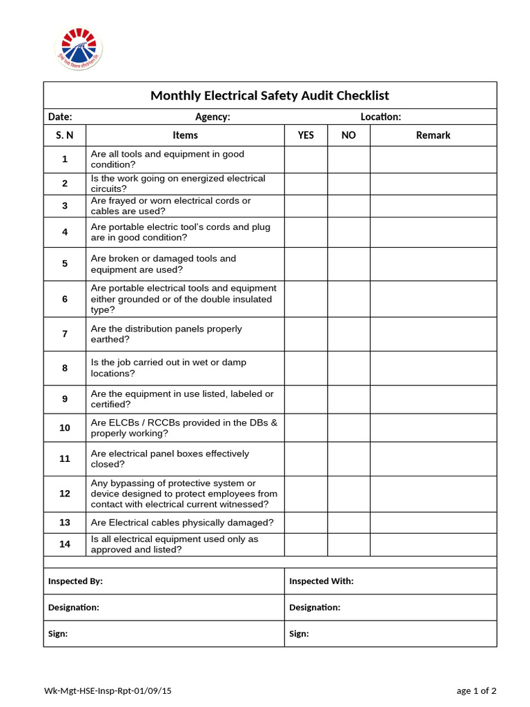 Monthly Electrical Safety Audit Checklist | PDF