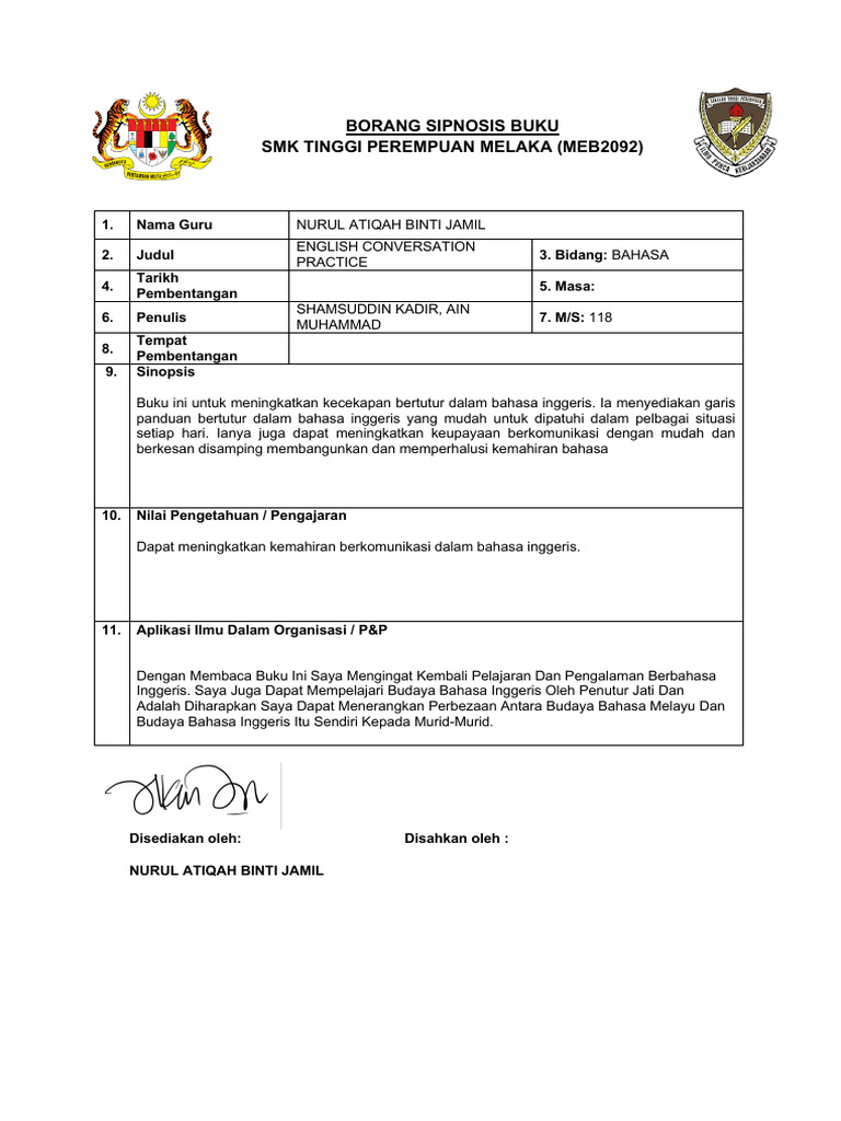 Borang Sipnosis Buku 9 Done | PDF