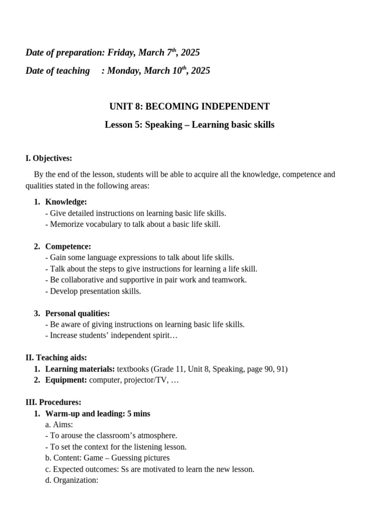Lesson Plan Unit 8 Speaking | PDF | Learning | Teachers