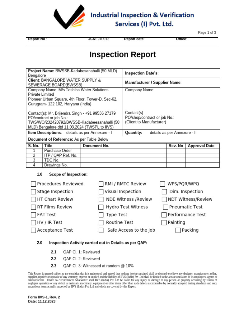 IIVS - Inspection Report - R2 | PDF | Legal Liability | Private Law
