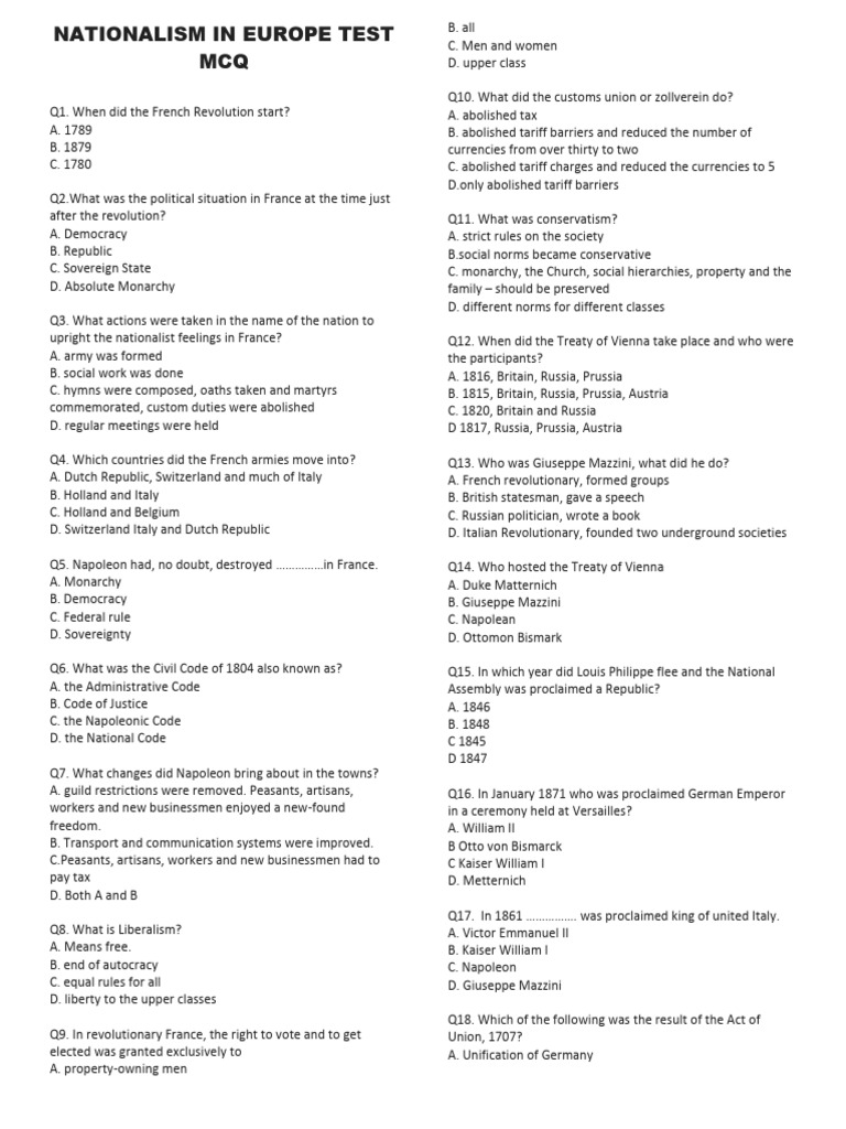 European Nationalism MCQ Test | PDF | Otto Von Bismarck | Napoleon