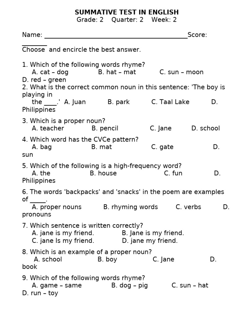 Grade 2 English Summative Test | PDF | Rhyme | English Language