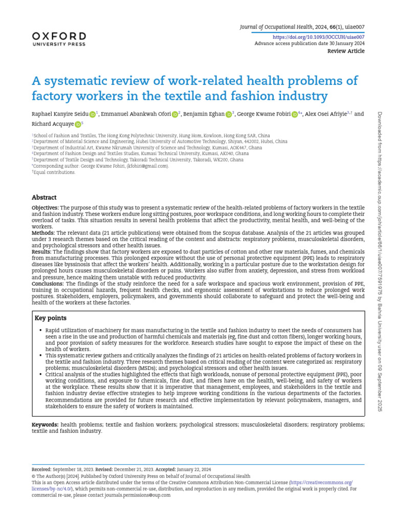 Health Issues in Textile Factory Workers | PDF | Occupational Safety ...