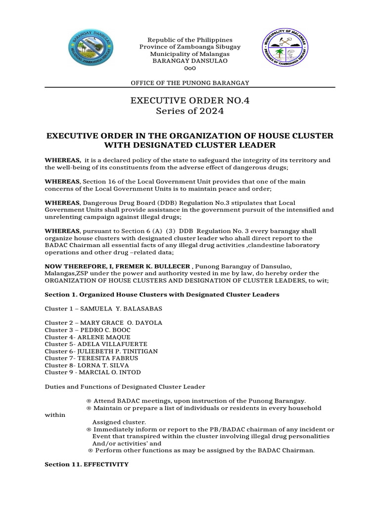 Executive Order of Cluster Leader | PDF | Justice | Crime & Violence