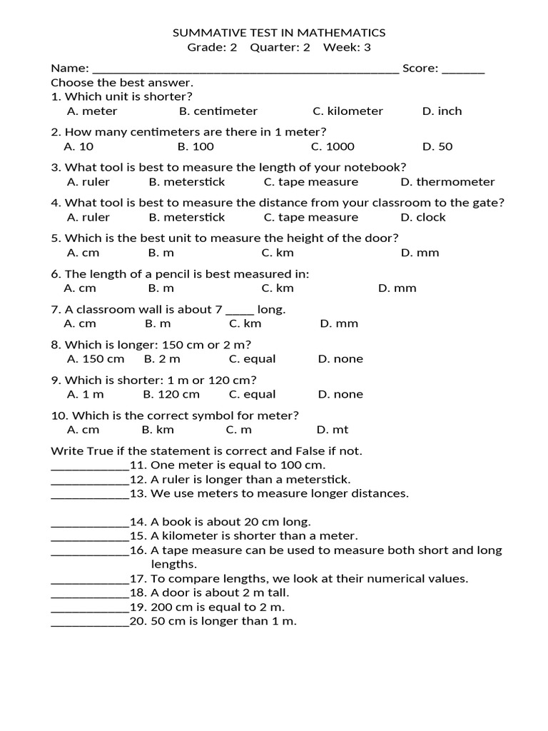 Grade 2 Measurement Test | PDF | Metre | Length