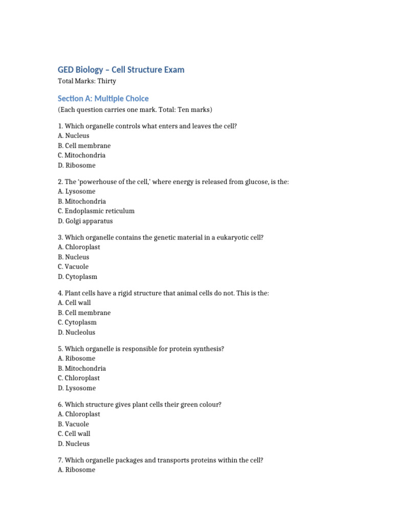 GED Cell Structure Exam | PDF