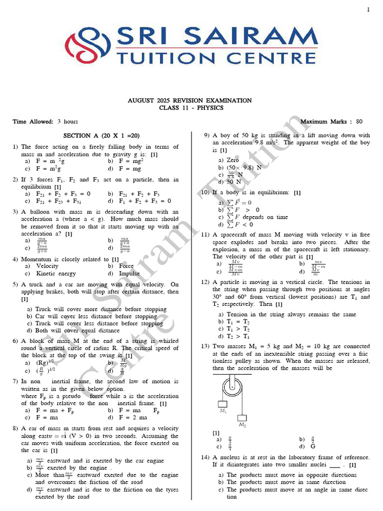 11cb Physics QP | PDF | Force | Momentum