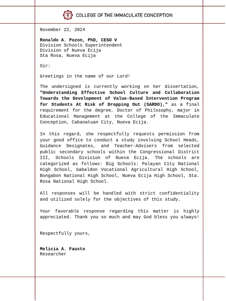 Letter To Conduct The Study | PDF | Higher Education | Academia