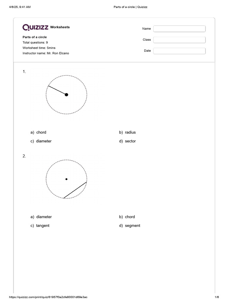 Parts of a Circle Quiz Worksheet | PDF | Circle | Diameter