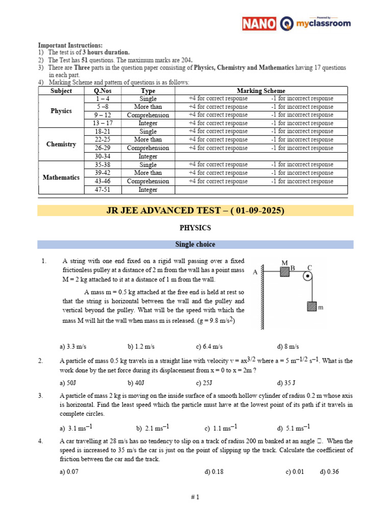 JEE Advanced Test Instructions and Questions | PDF | Force | Chemical ...