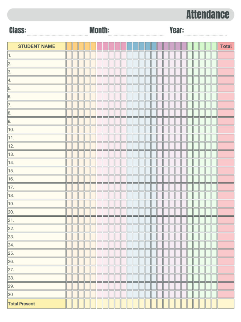 Printable Monthly Attendance Sheet | PDF
