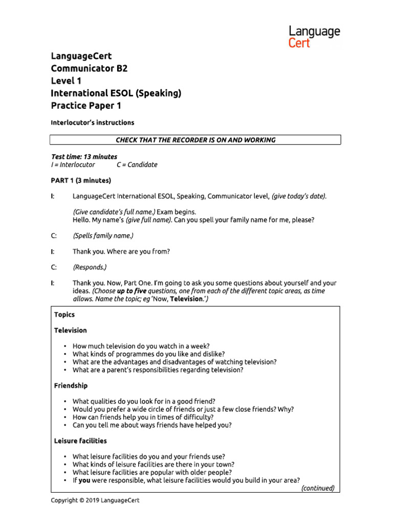 B2 T1 Speaking Part 1 | PDF