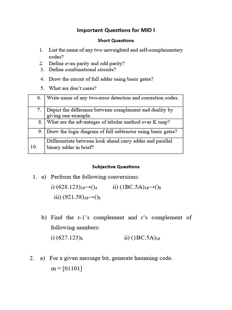 Key Questions for MID I Exam | PDF | Boolean Algebra | Teaching Mathematics