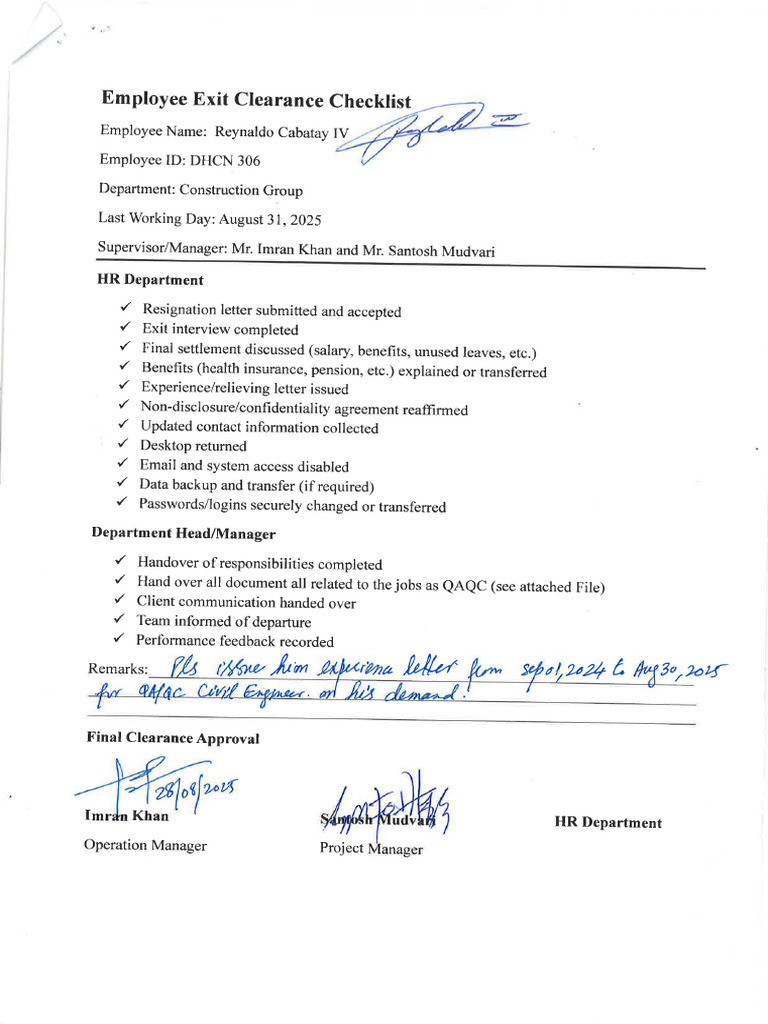 Exit Clearance Checklist of Reynaldo Cabatay IV | PDF