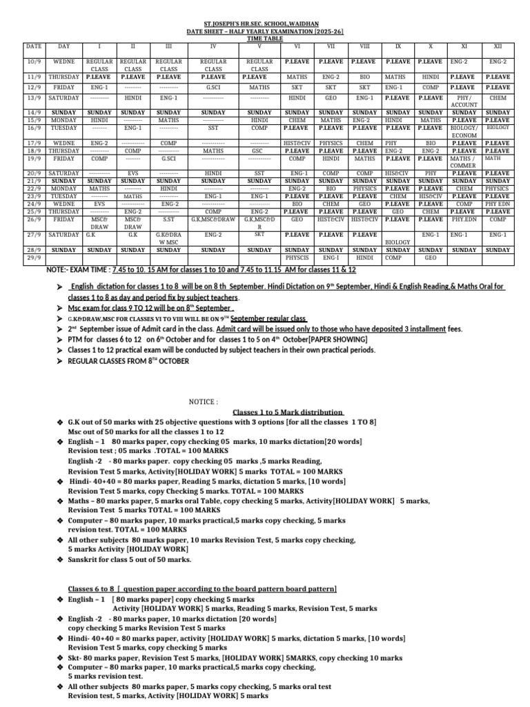 Half Yearly Time-Table 2025-26-1 | PDF
