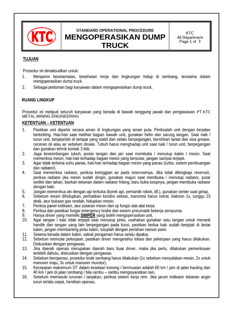 KTC-SOP - 084 Mengoperasikan Dump Truck | PDF