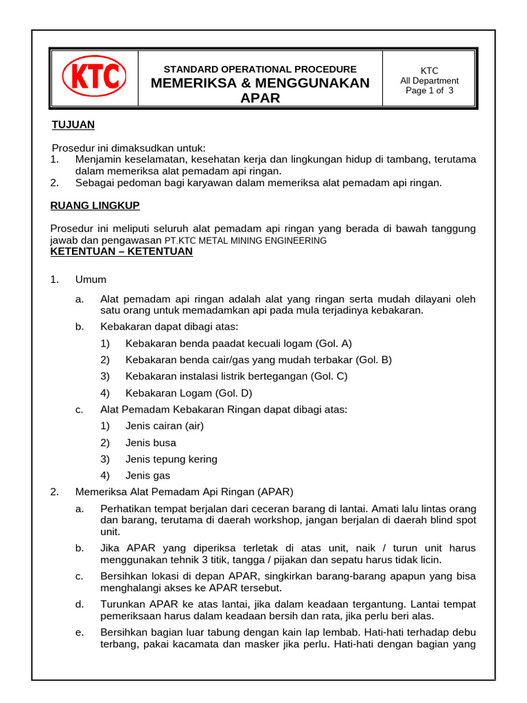 Prosedur Pemeriksaan dan Penggunaan APAR | PDF