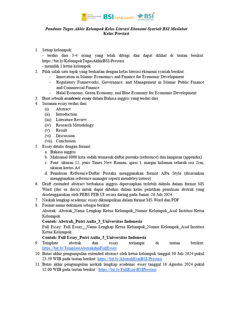 Panduan Tugas Akhir Kelompok Kelas Literasi Ekonomi Syariah BSI Maslahat 2024 - Prestasi B | PDF