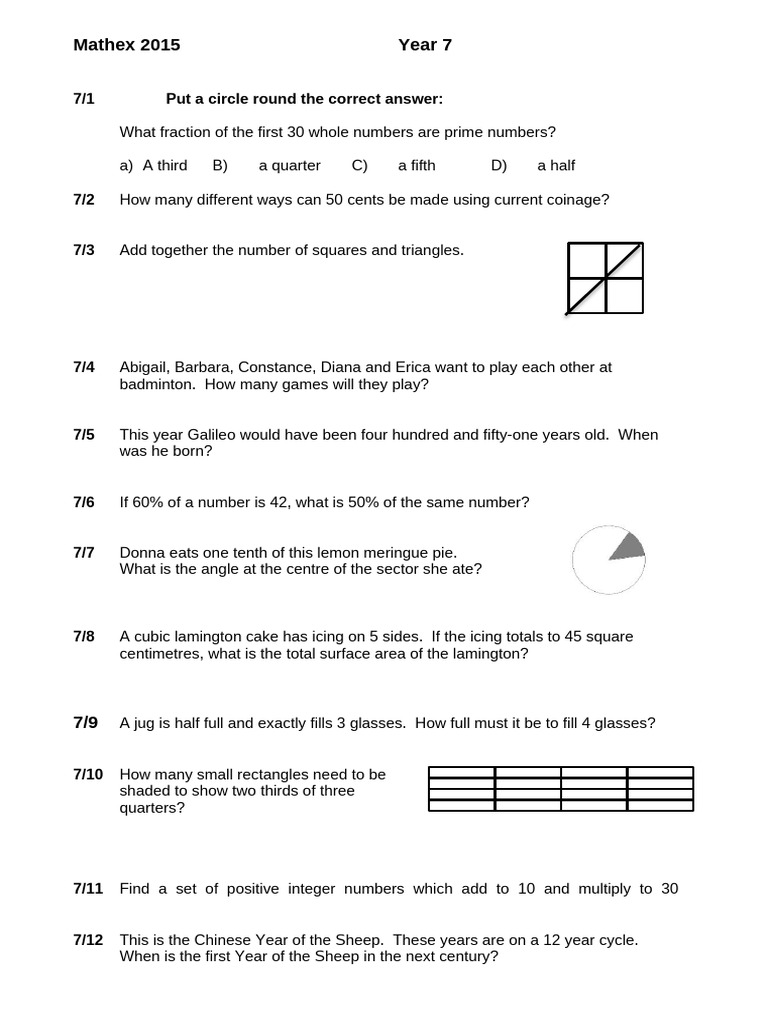 Mathex Year 7 2015 Final | PDF | Area | Elementary Mathematics