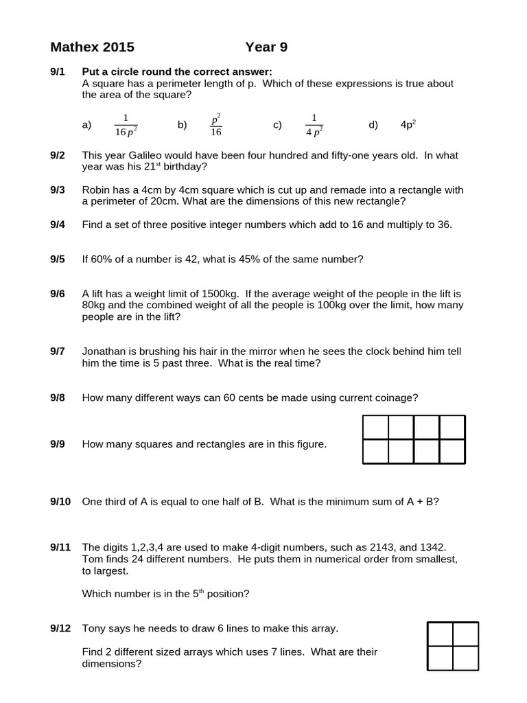 Mathex Year 9 2015 Final | PDF | Area | Numbers