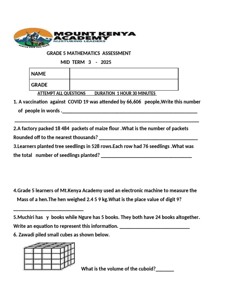 2025 - Maths - Grade 5 Mid Term 3 - Assessment | PDF
