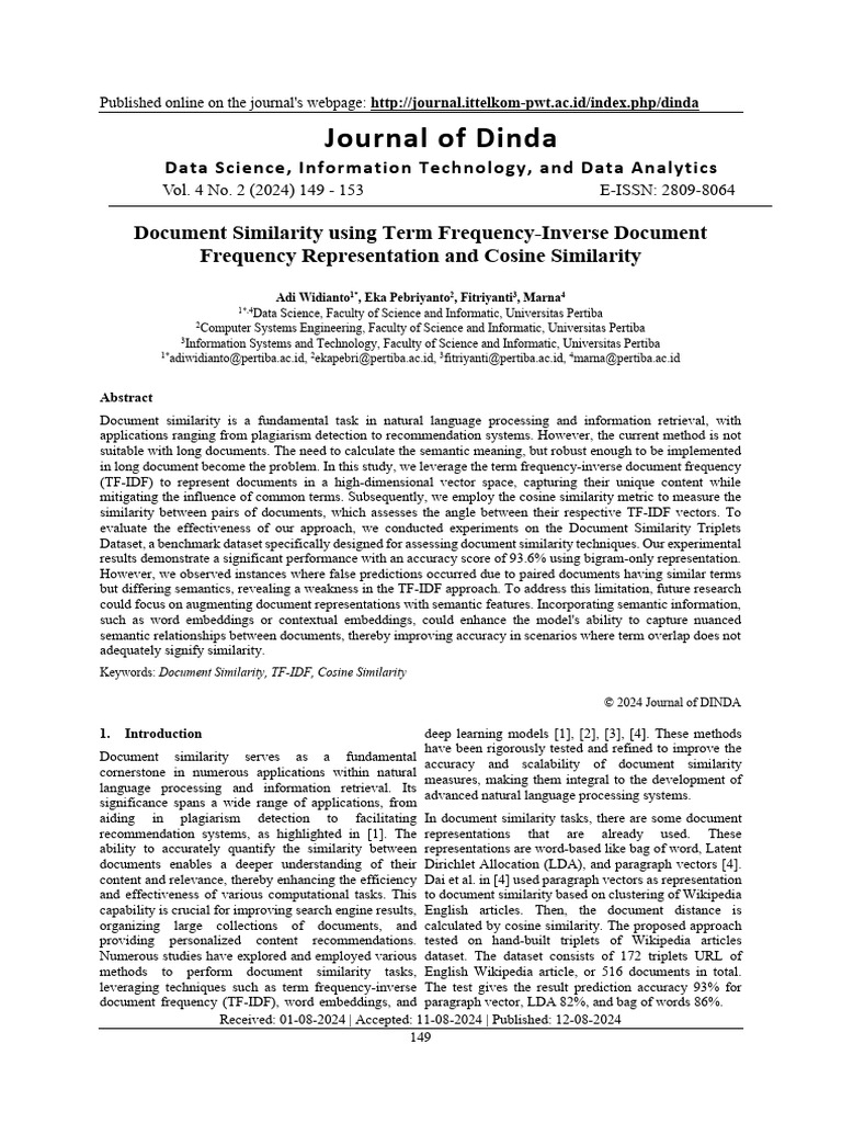 Document Similarity Using Term Frequency-Inverse Document Frequency Representation and Cosine ...