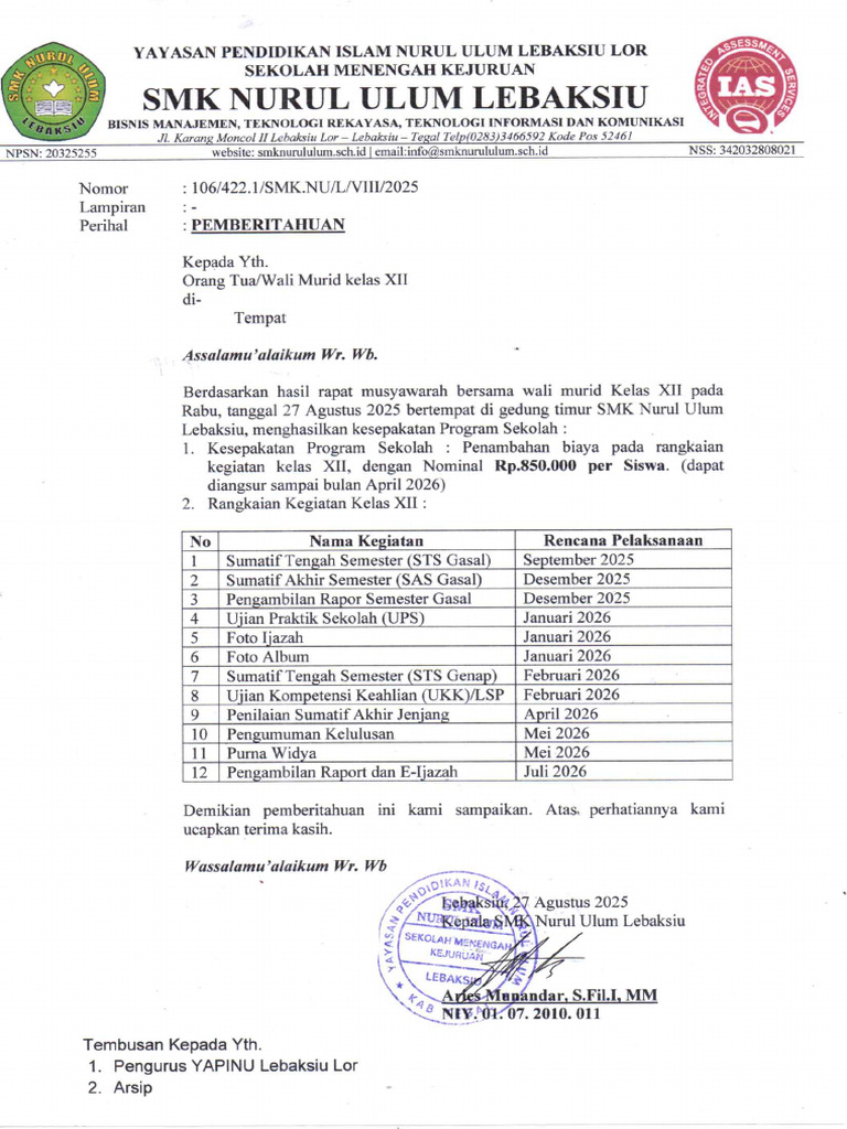 Surat Pemberitahuan Kelas Xii20250828 - 11495252 | PDF