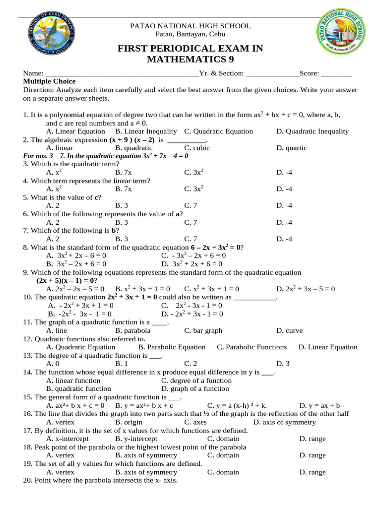 Mathematics 9 Periodical Exam Guide | PDF | Quadratic Equation | Equations