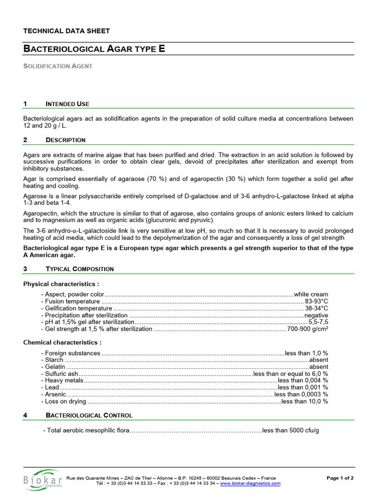 Bacteriological Agar Type E Data Sheet | PDF | Agar | Chemical Substances