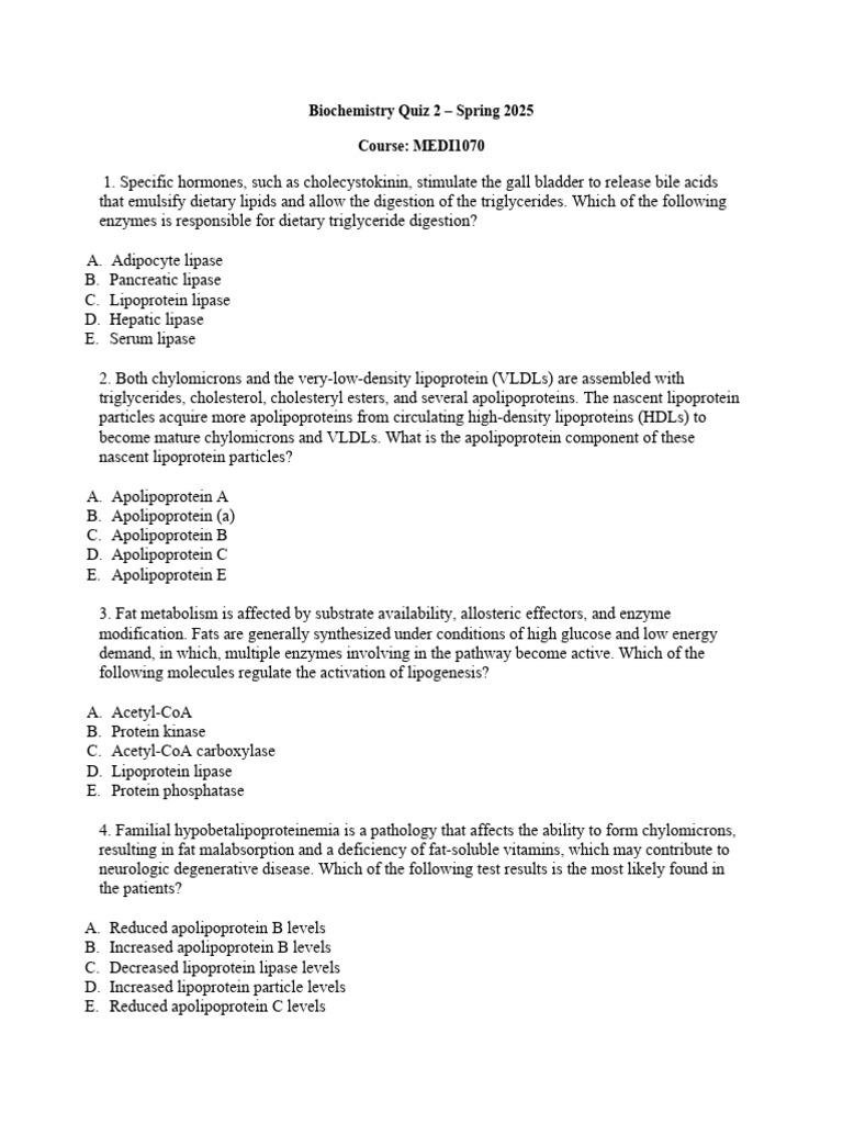 Biochemistry Quiz: Lipid Metabolism Concepts | PDF | Lipoprotein ...