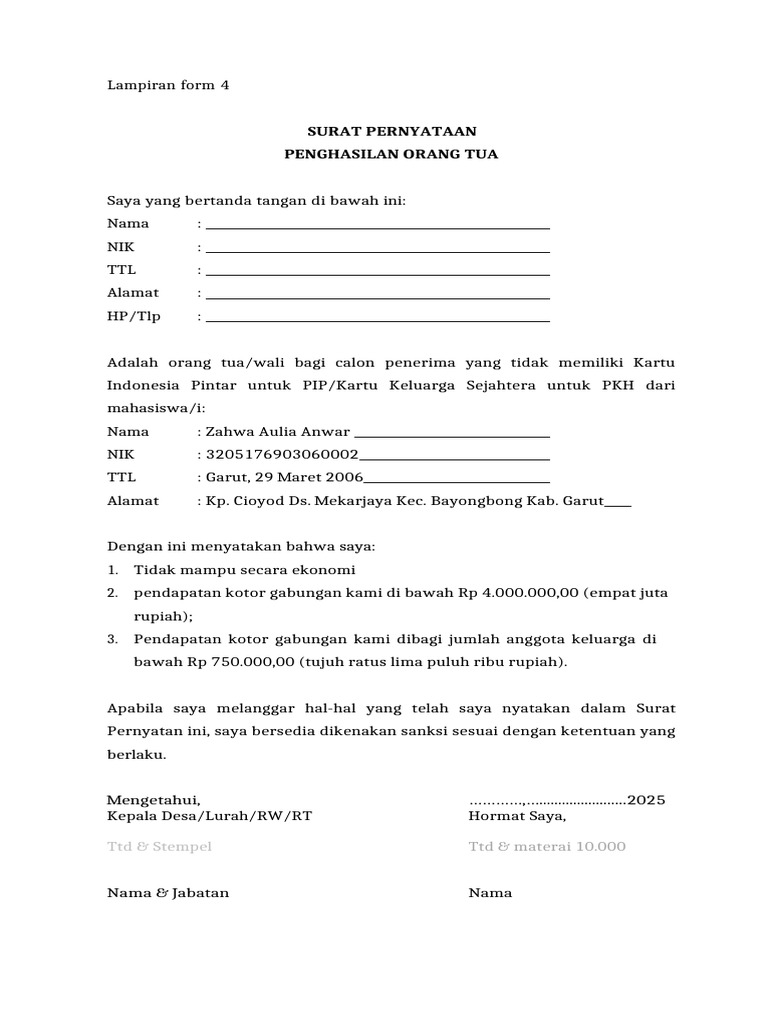 Lampiran Form SRT Penghasilan Ortu ZHW | PDF