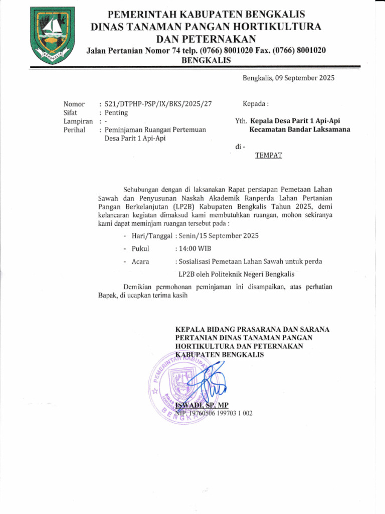 Surat Peminjaman Ruangan Kantor Desa Parit 1 API-API _20250909_0001 | PDF