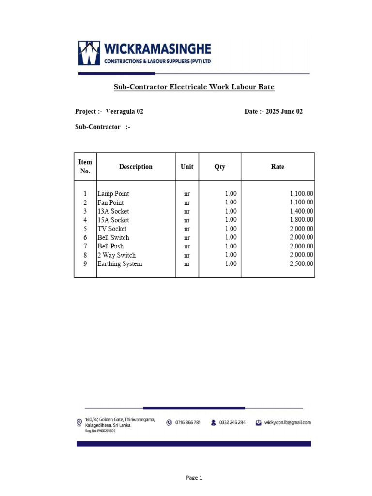 1.electricale Labour Rate - Veeragula 02 | PDF