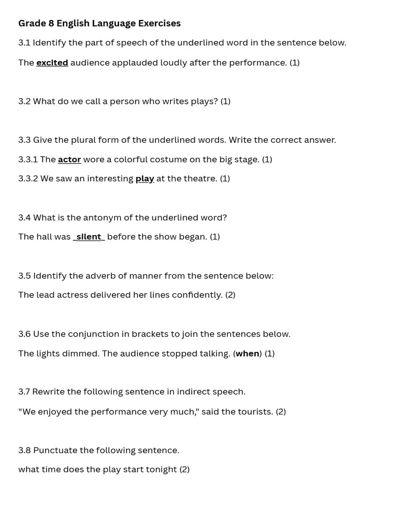 Grade 8 English Language Exercises PDF | PDF