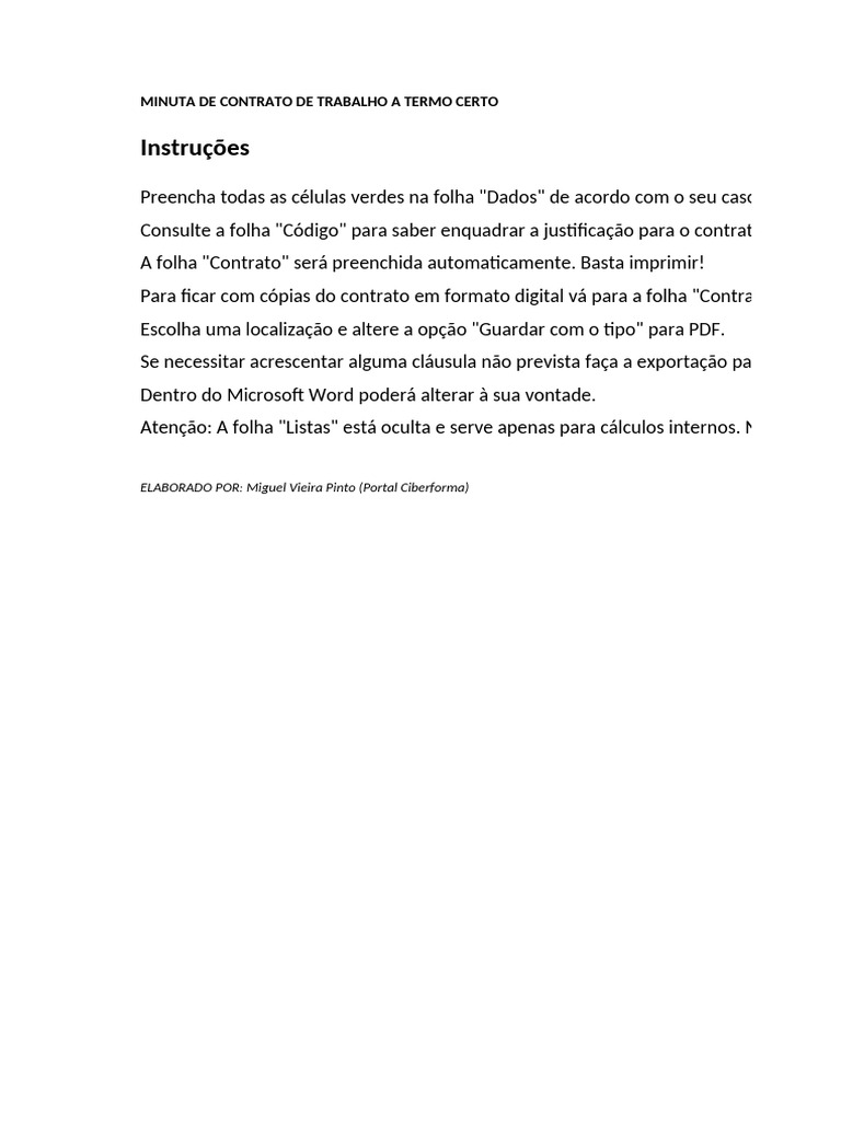 Minuta de Contrato de Trabalho a Termo Certo Portal Ciberforma | PDF