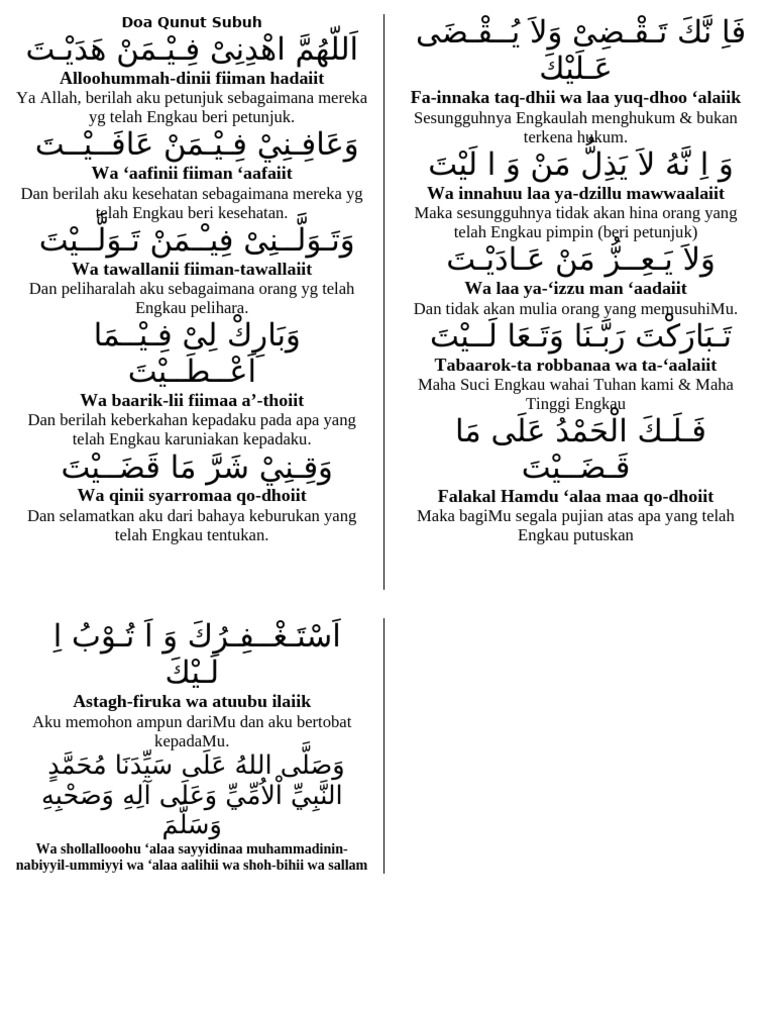Doa Qunut Subuh Lengkap dan Artinya | PDF