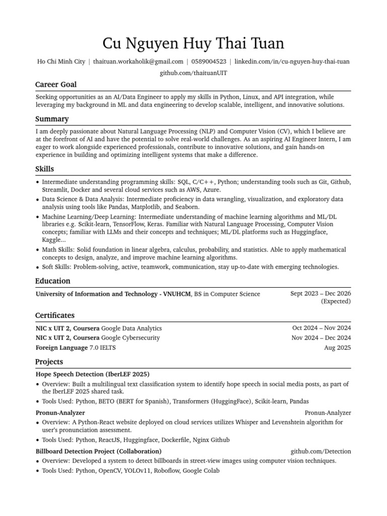 CuNguyenHuyThaiTuan CV AI Engineer Intern | PDF | Machine Learning ...