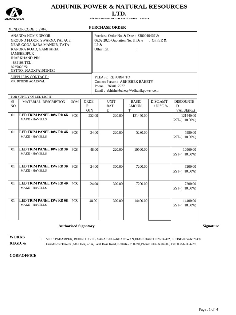 Adhunik Power Purchase Order for LED Lights | PDF | Invoice | Receipt